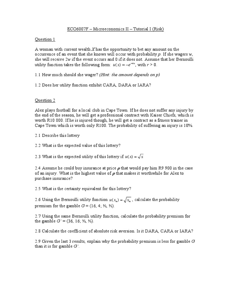 Microeconomics Tutorial | PDF | Utility | Risk Aversion