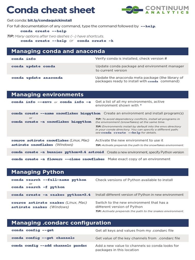 Conda Cheatsheet | PDF | Python (Programming Language) | Operating System Technology