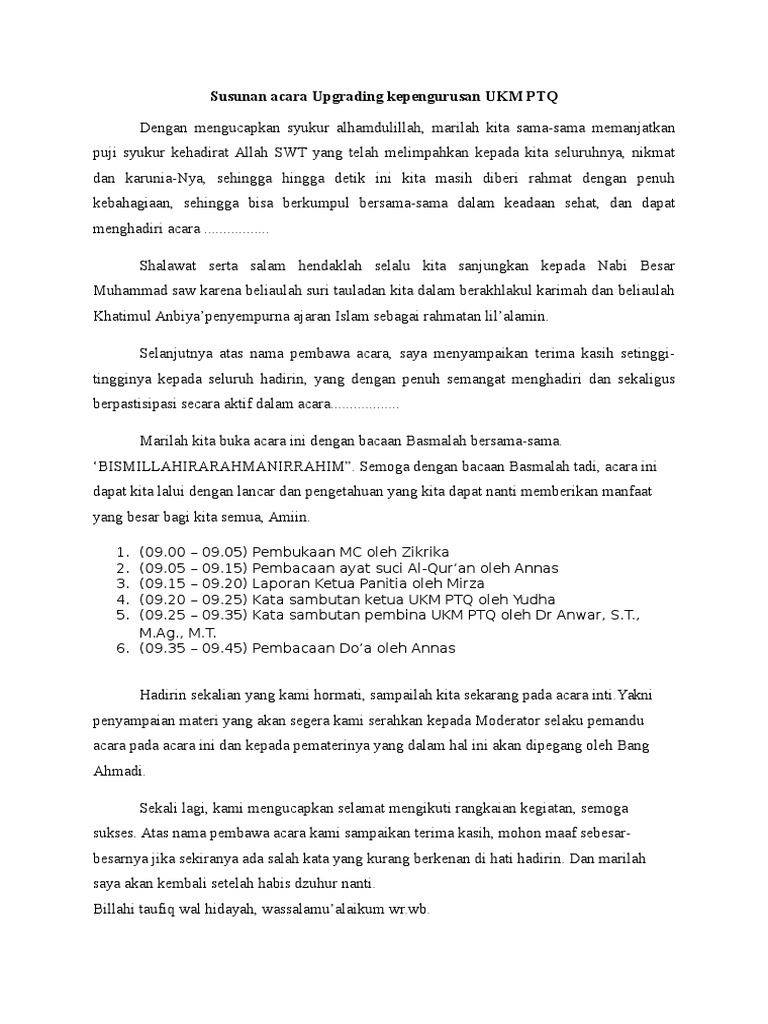Susunan Acara Upgrading Kepengurusan UKM PTQ | PDF
