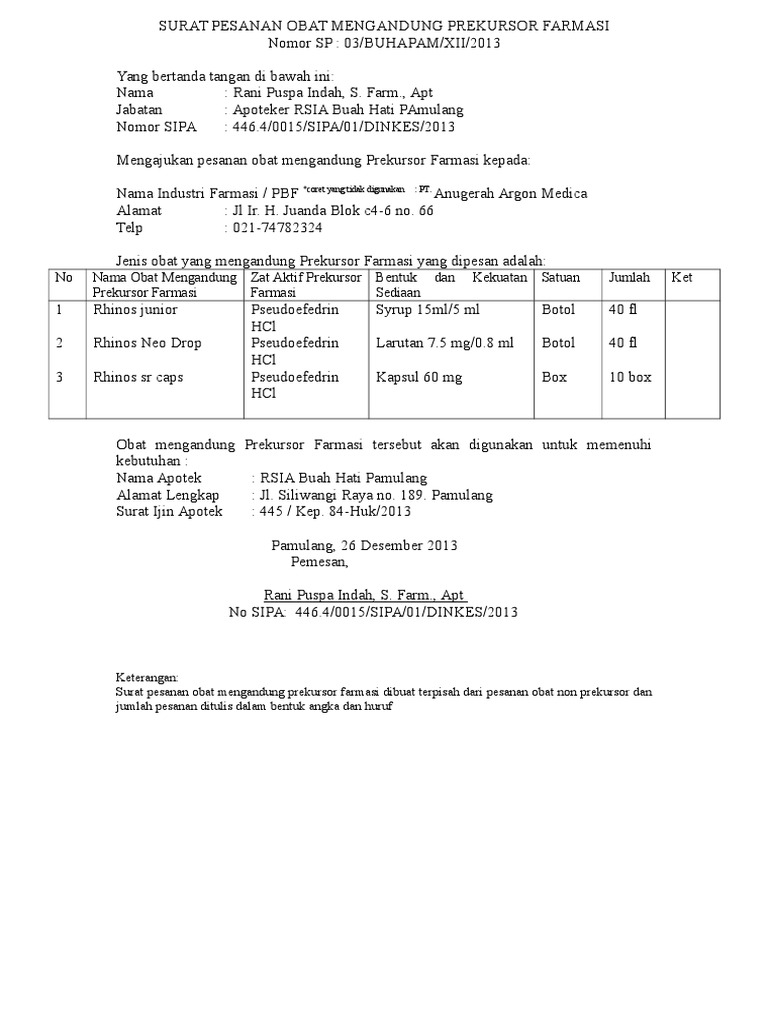 Contoh Surat Pesanan Obat Prekursor