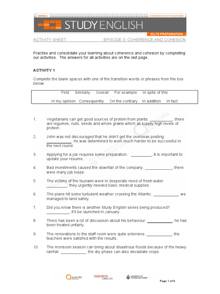 Activity Sheet Episode 3: Coherence and Cohesion | PDF | Population ...