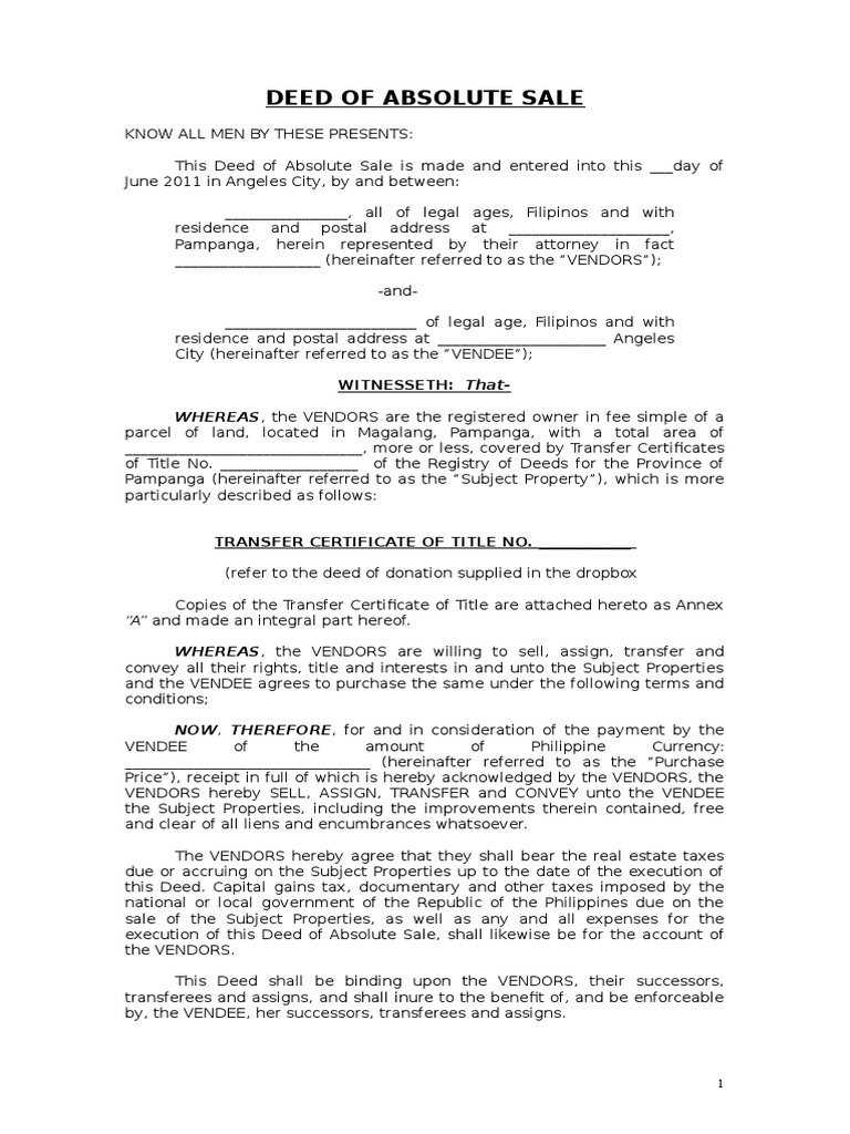 Deed of Absolute Sale - Format | Deed | Law And Economics | Free 30-day ...