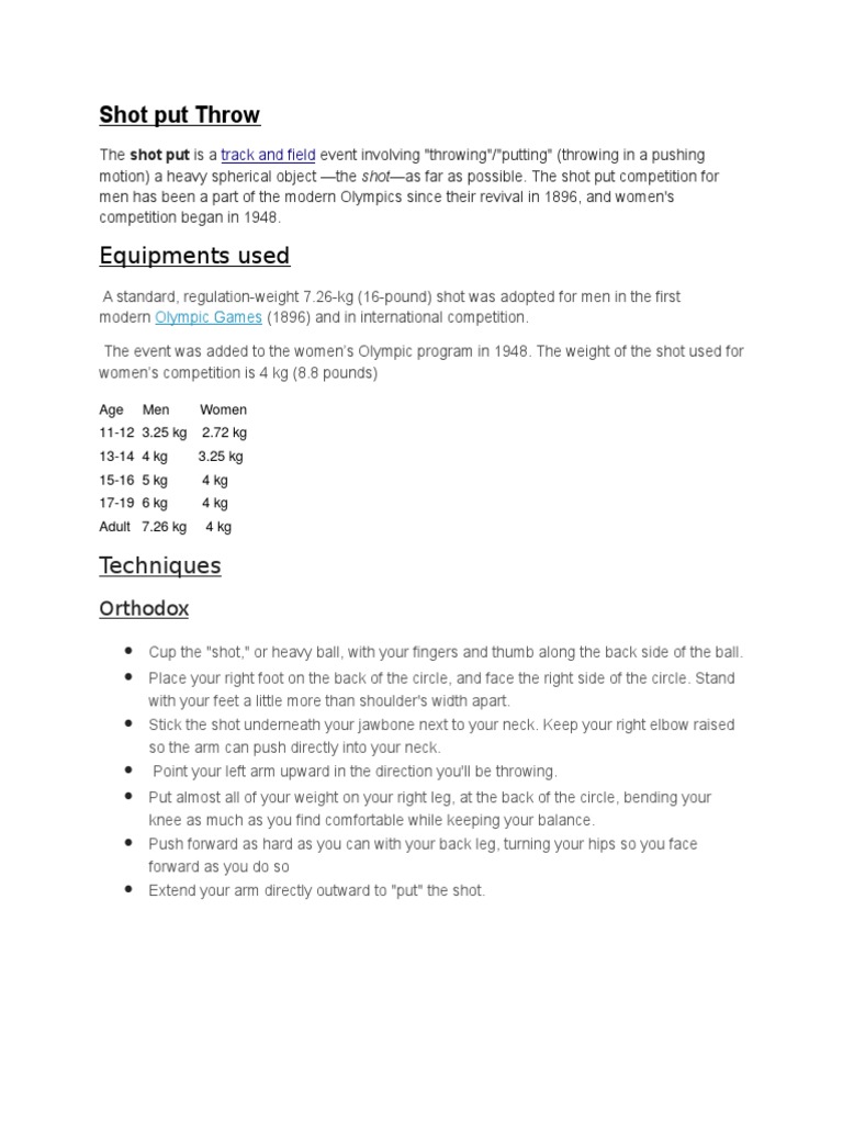 Shot Put Throw Techniques & Records | PDF | Foot | Recreation