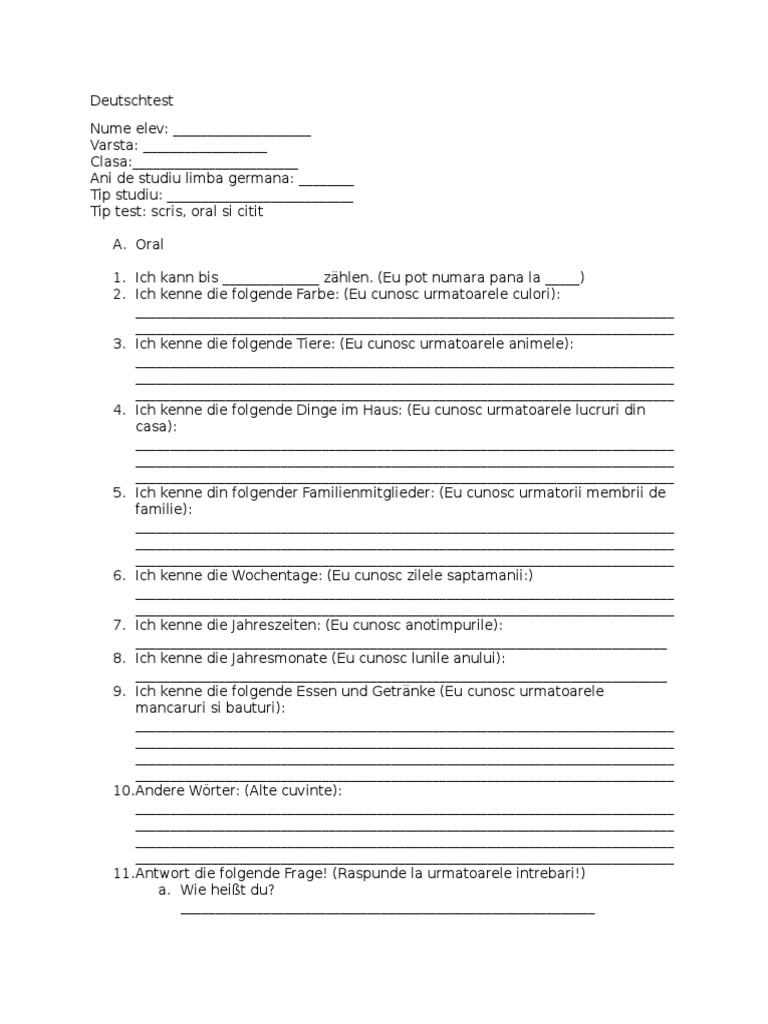 Deutsch Test - Test Germana Copii A1 | PDF