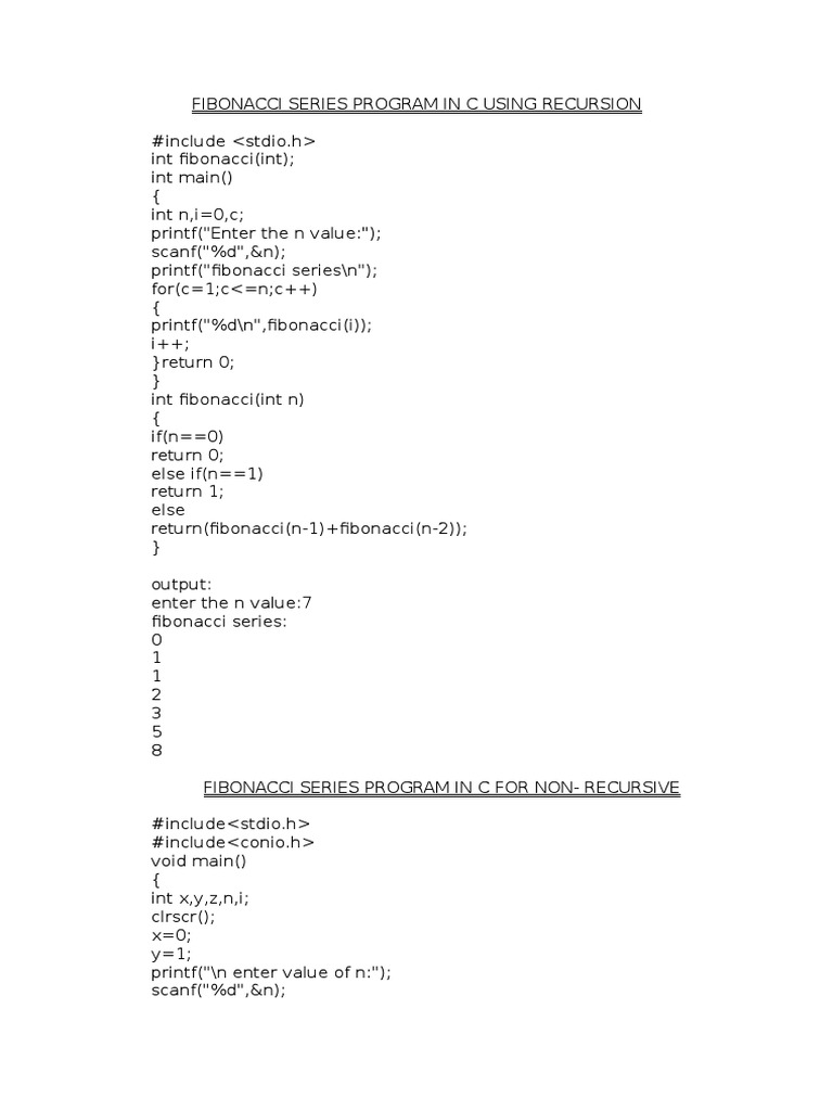 1.fibonacci Series Program in C Using Recursion | PDF | Array Data Structure | Mathematical Concepts
