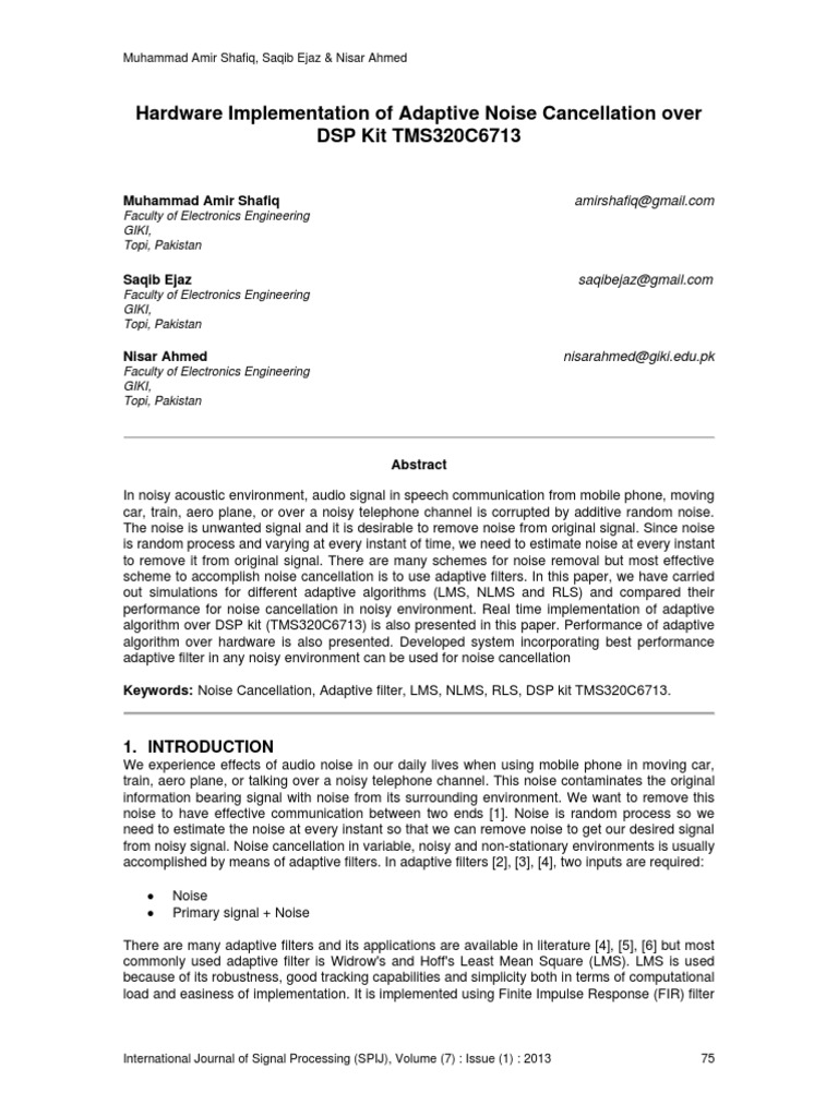 Hardware Implementation Of Adaptive Noise Cancellation Over Dsp Kit