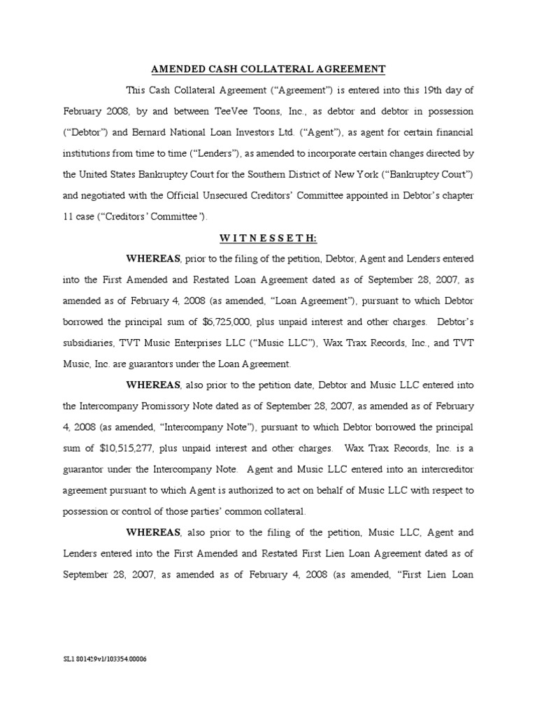 Amended Cash Collateral Agreement | PDF | Bankruptcy | Security Interest