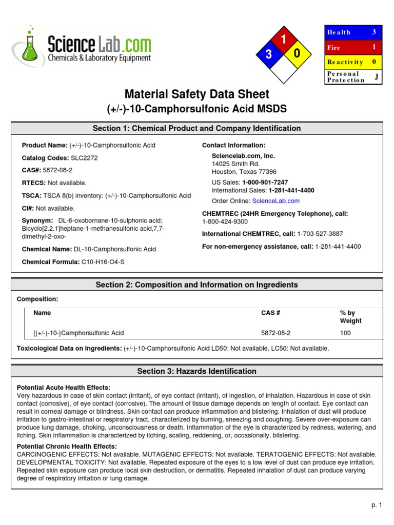 10-Camphorsulfonic Acid MSDS: Section 1: Chemical Product and Company ...