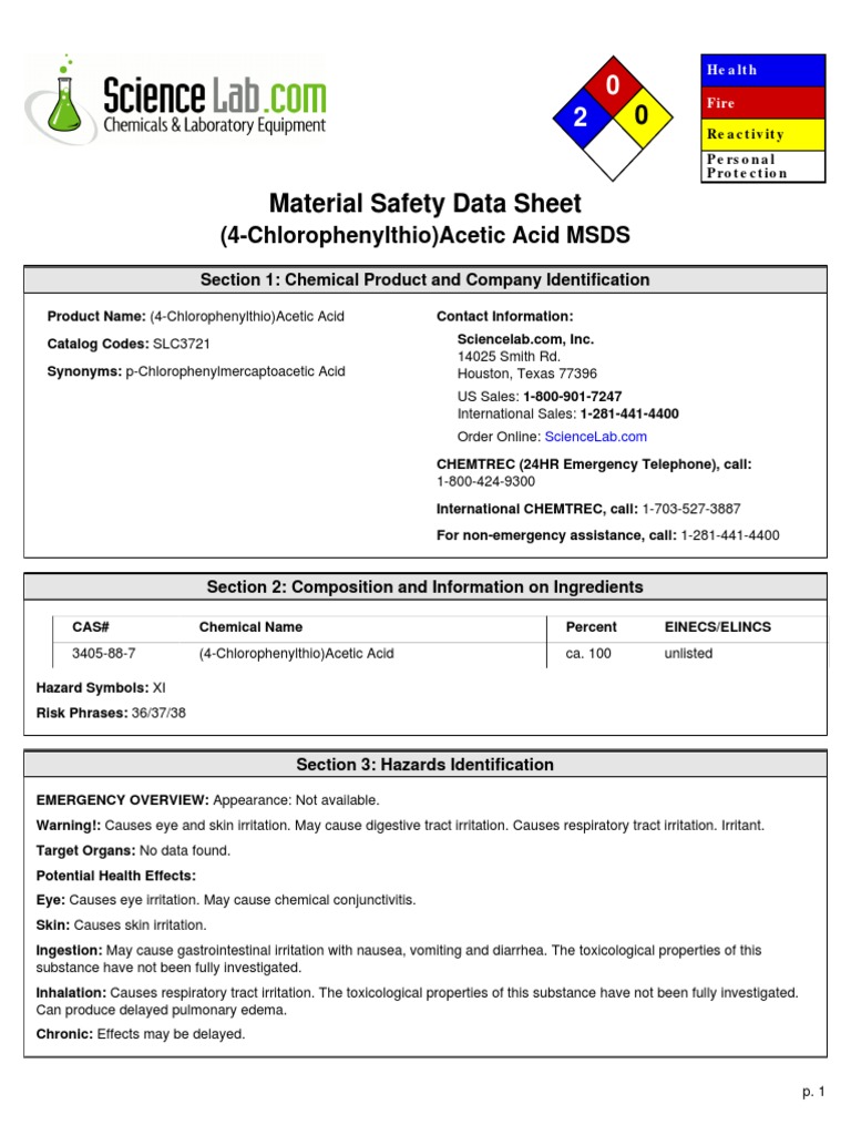 (4-Chlorophenylthio) Acetic Acid MSDS: Section 1: Chemical Product and ...