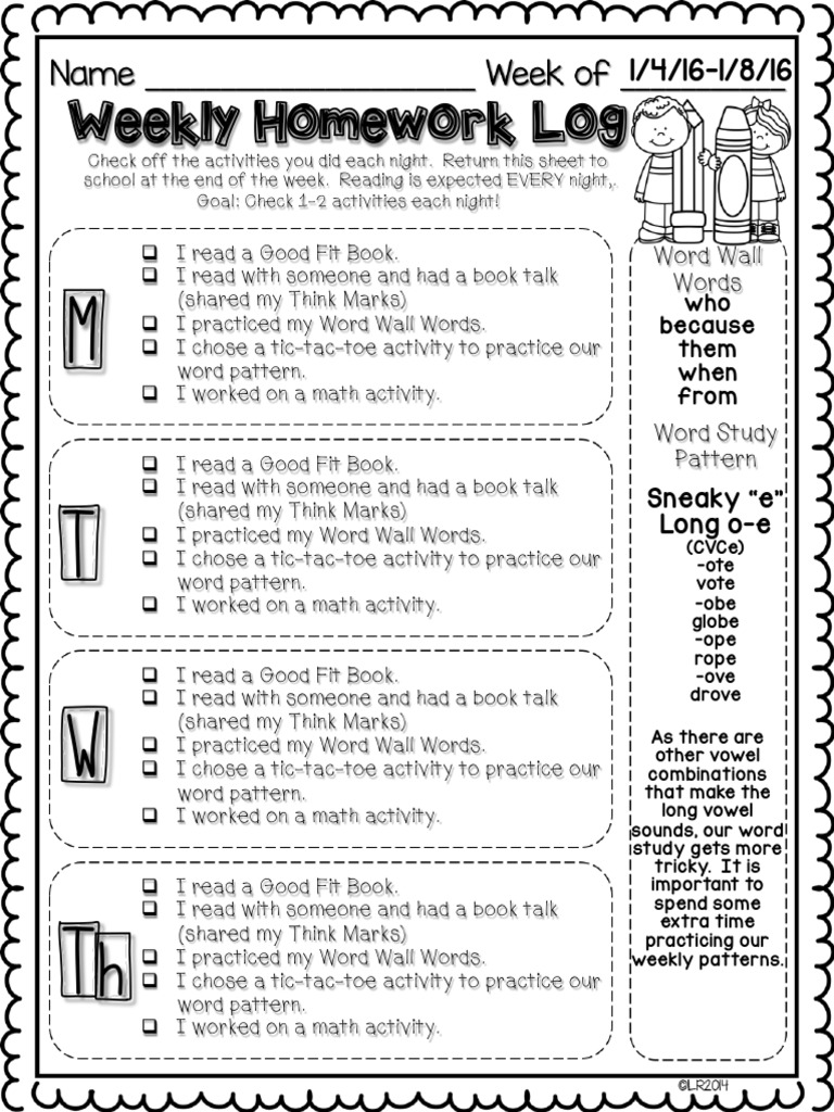 Weeklyhomeworklog 2016 | PDF | Language Arts & Discipline