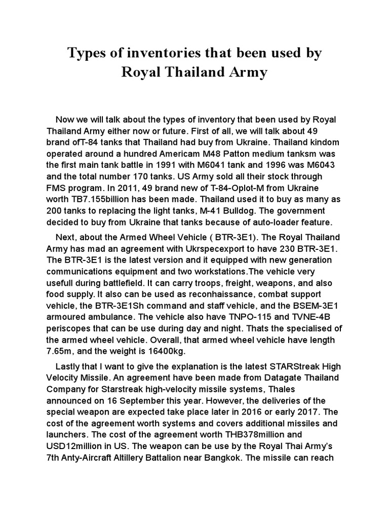 Royal Thailand Army Inventory Types | PDF | Tanks | Inventory