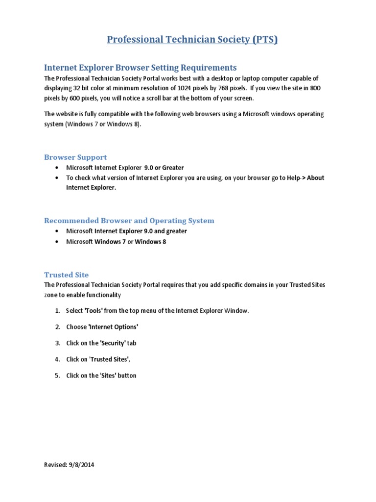 PTS IE Browser Settings Guide | PDF | Internet Explorer | Web Browser