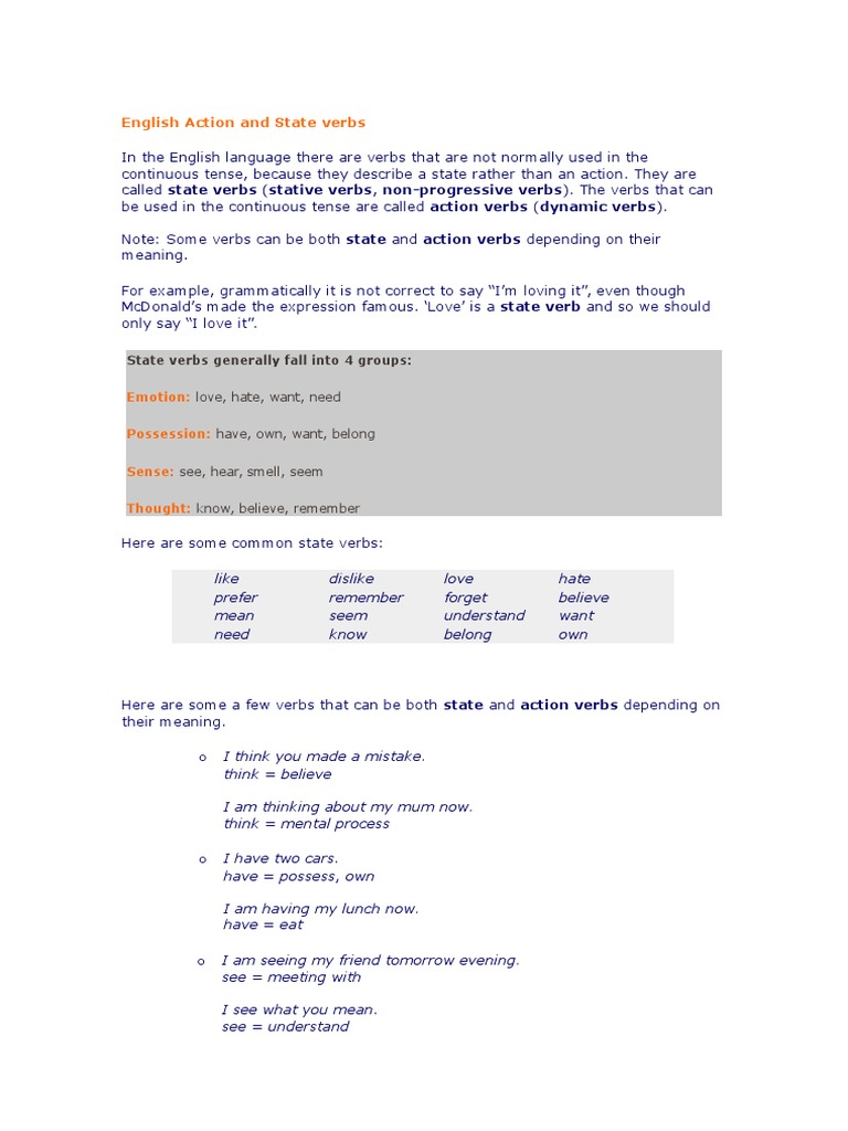 Action & State Verbs Exercises | PDF | Verb | English Language