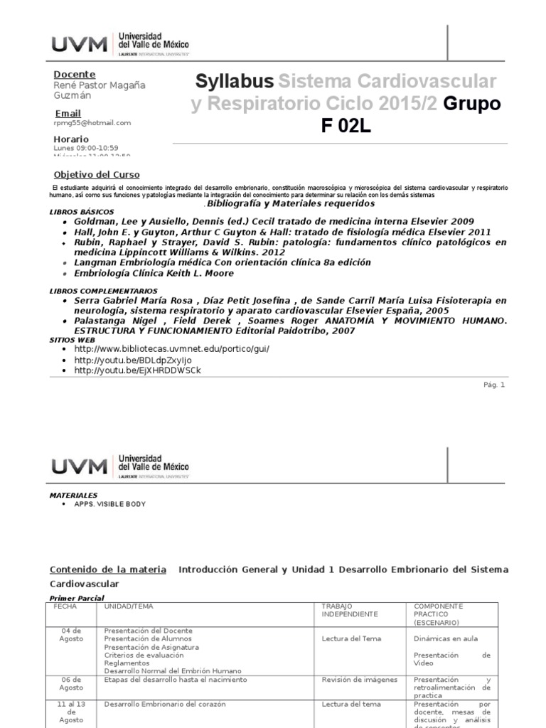 Syllabus Sistema Cardiovascular y Respiratorio Ciclo 2015 | PDF