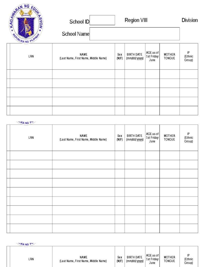 School ID Region VIII Division School Name School Year: School Form 1 ...