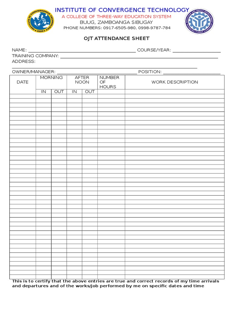 OJT Attendance Sheet for Trainee at the Institute of Convergence ...