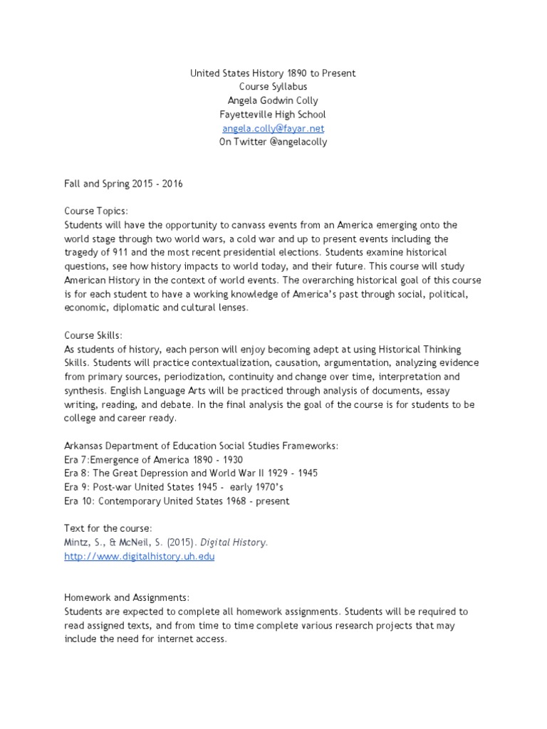 U.S. History Syllabus: 1890-Present | PDF | Homework | Cognition