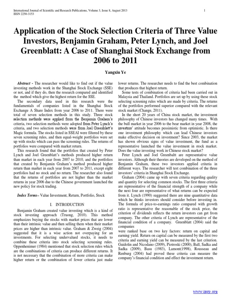 Stock Selection Criteria of Value Investors | PDF | Investing | Stocks