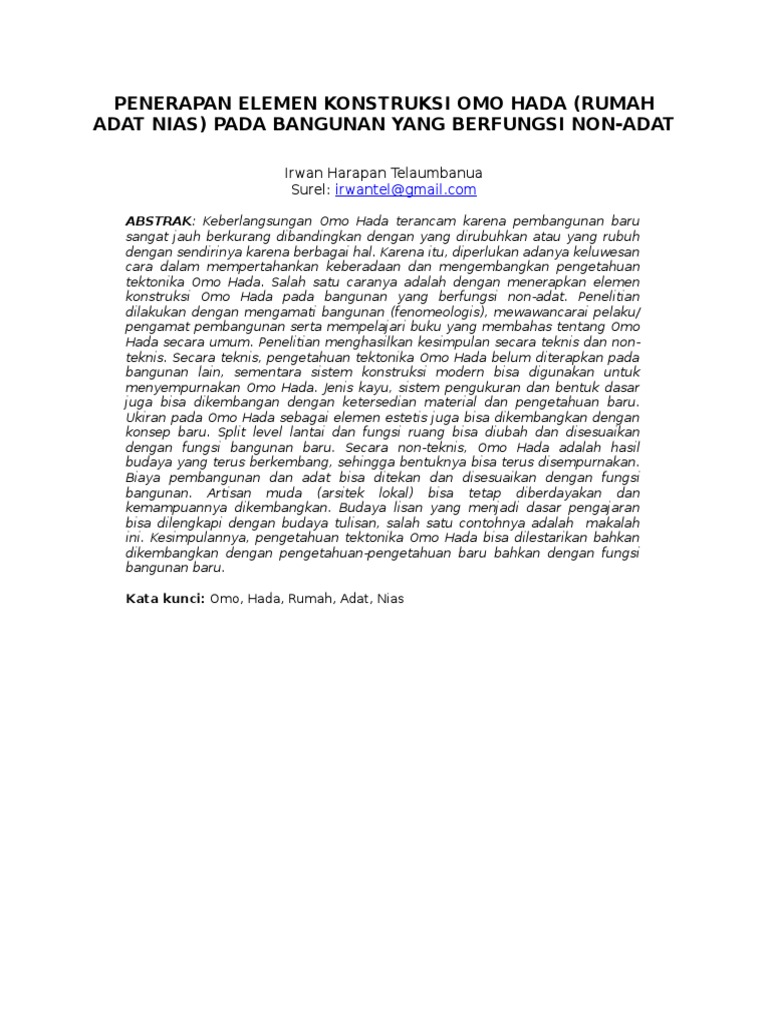 PENERAPAN ELEMEN KONSTRUKSI OMO HADA RUMAH ADA NIAS PADA BANGUNAN YANG BERFUNGSI NON-ADAT SC | PDF