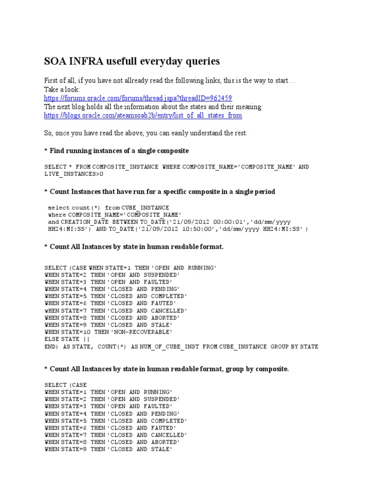 SOA INFRA Use Full Everyday Queries | PDF | Areas Of Computer Science | Computing