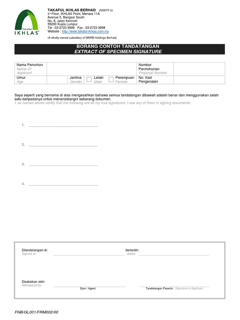 Extract of Specimen Signature: Borang Contoh Tandatangan | PDF | Career ...