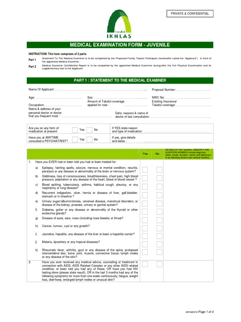 Medical Examination Form - Juvenile: Part 1: Statement To The Medical ...