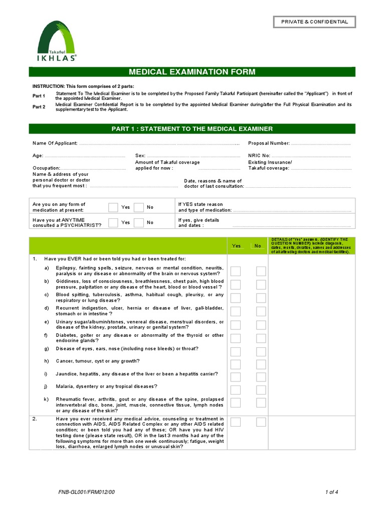 Medical Examination Form: Part 1: Statement To The Medical Examiner ...