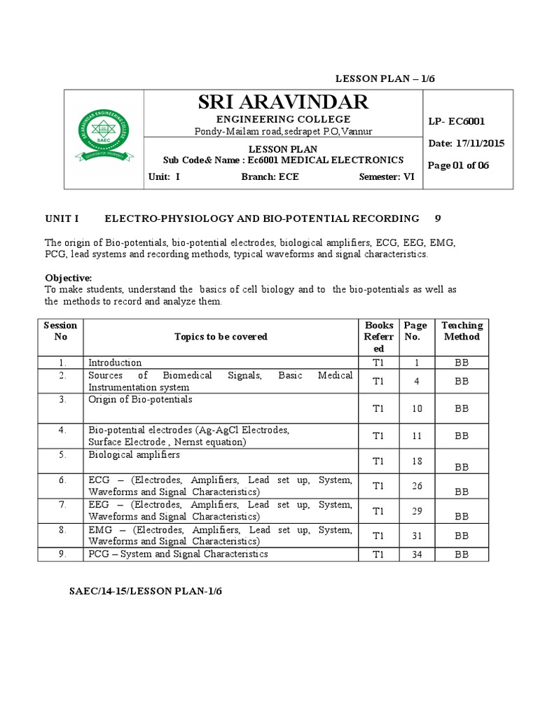 Medical Electronics. Lesson Plan | PDF | Artificial Cardiac Pacemaker ...
