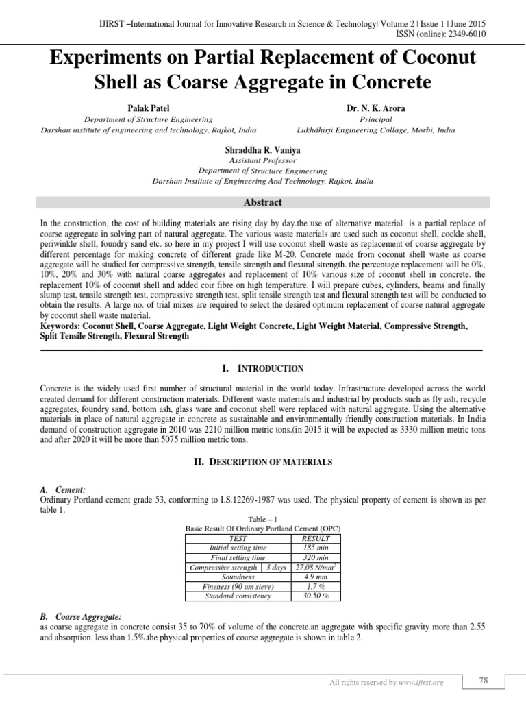 Experiments on Partial Replacement of Coconut Shell as Coarse Aggregate ...