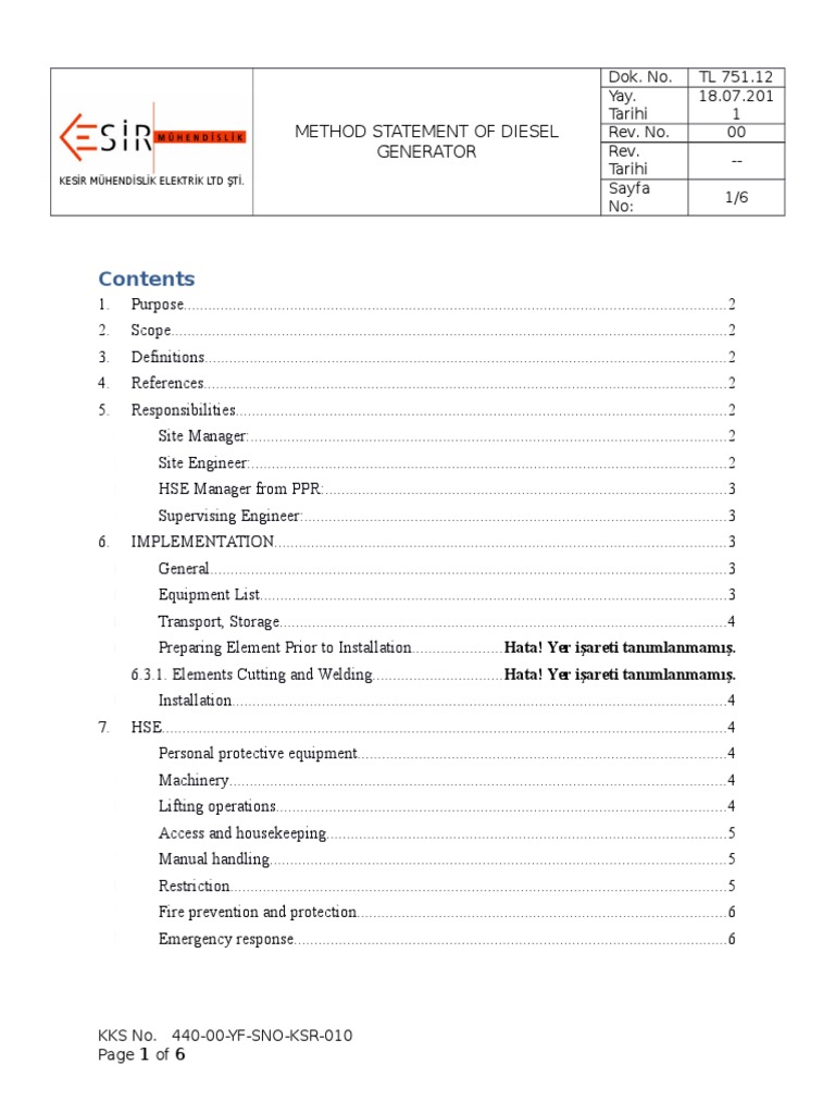 Diesel Generator Method Statement | PDF | Personal Protective Equipment ...