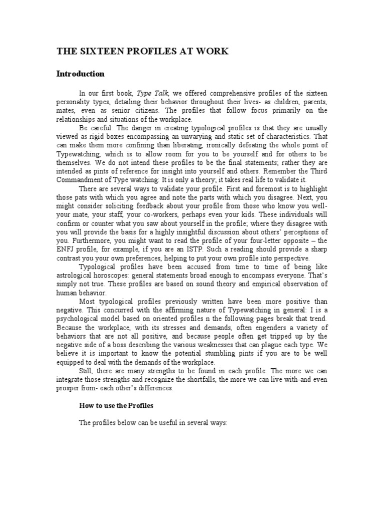 The Sixteen Profiles at Work | PDF | Personality Type | Psychology