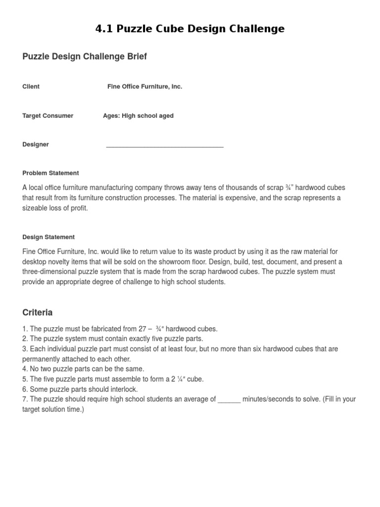 Puzzle Cube Design Challenge Brief | PDF