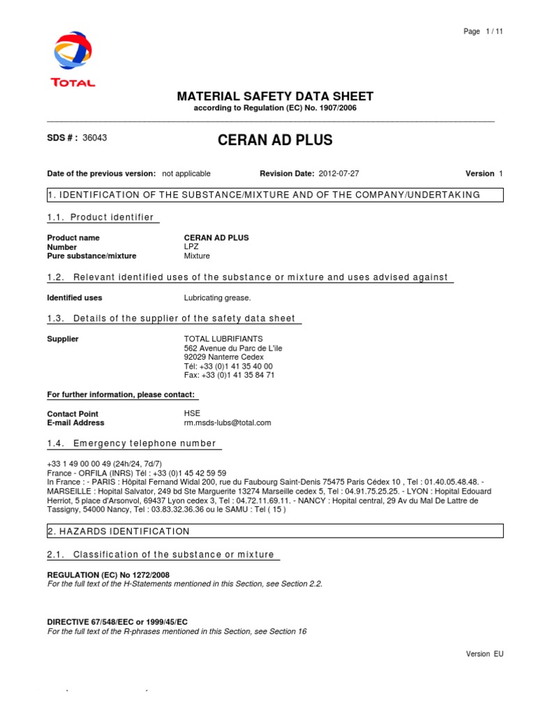Msds Grease Ceran Ad | PDF | Personal Protective Equipment | Toxicity