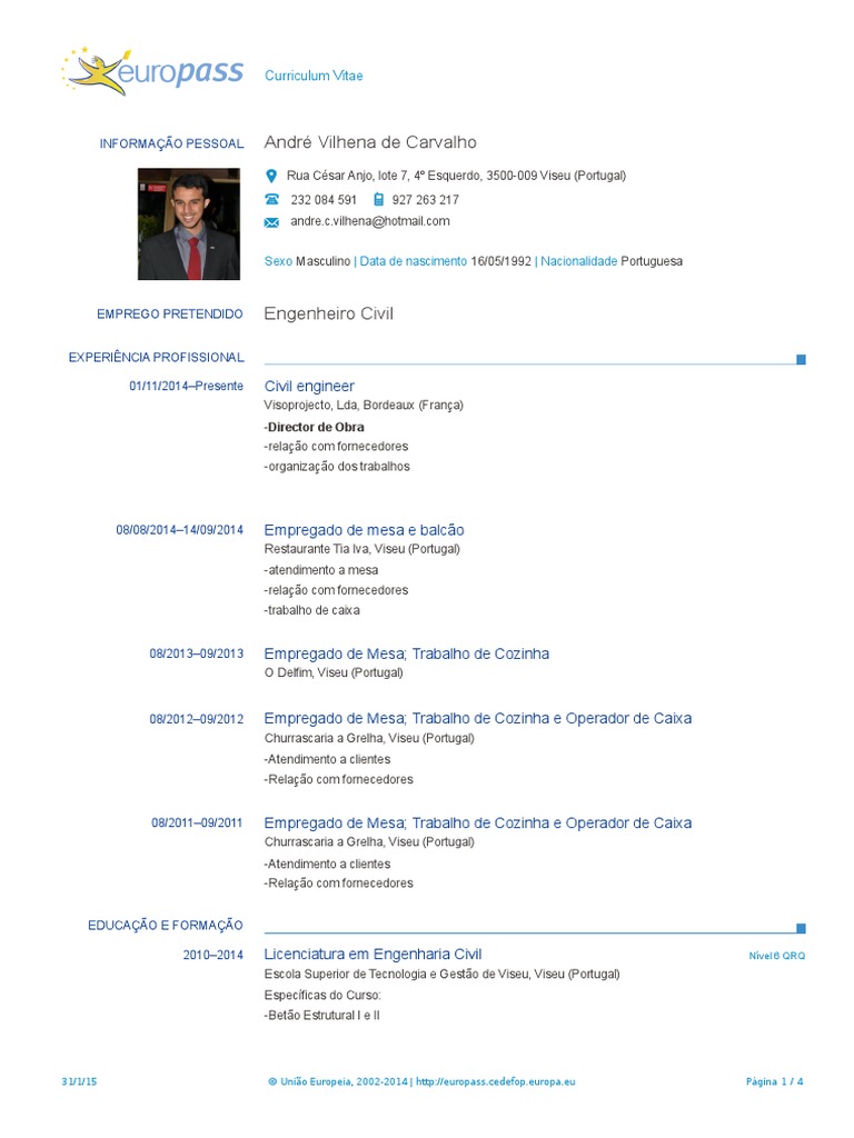 Europass CV 20150131 VilhenaDeCarvalho PT | Portugal | Engenharia