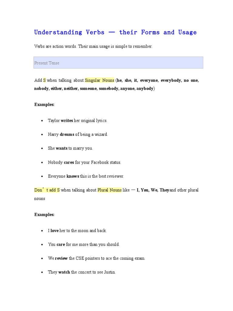 Understanding Verbs - Their Forms and Usage | PDF | Verb | Plural