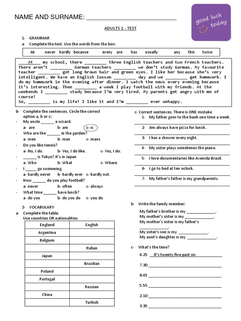 Adult English Grammar and Vocabulary Test | PDF
