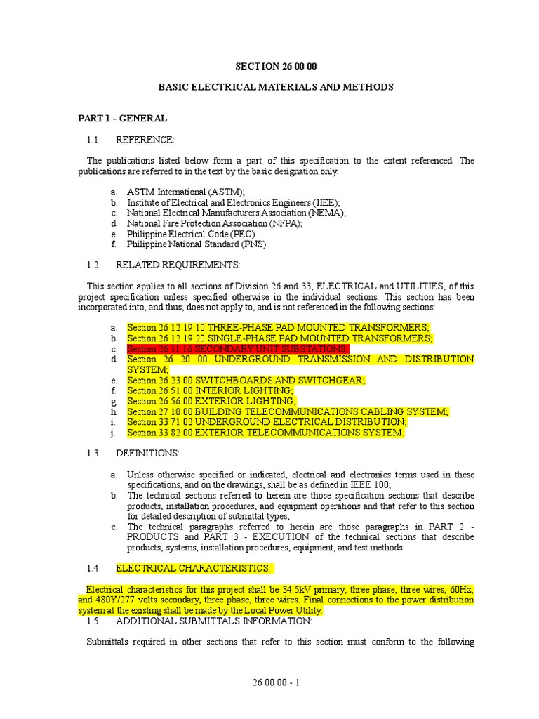 26 00 00 - Basic Electrical Materials and Methods | PDF | Specification ...