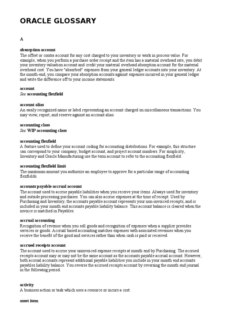 Oracle Glossary: A Absorption Account | PDF | Cost | Inventory