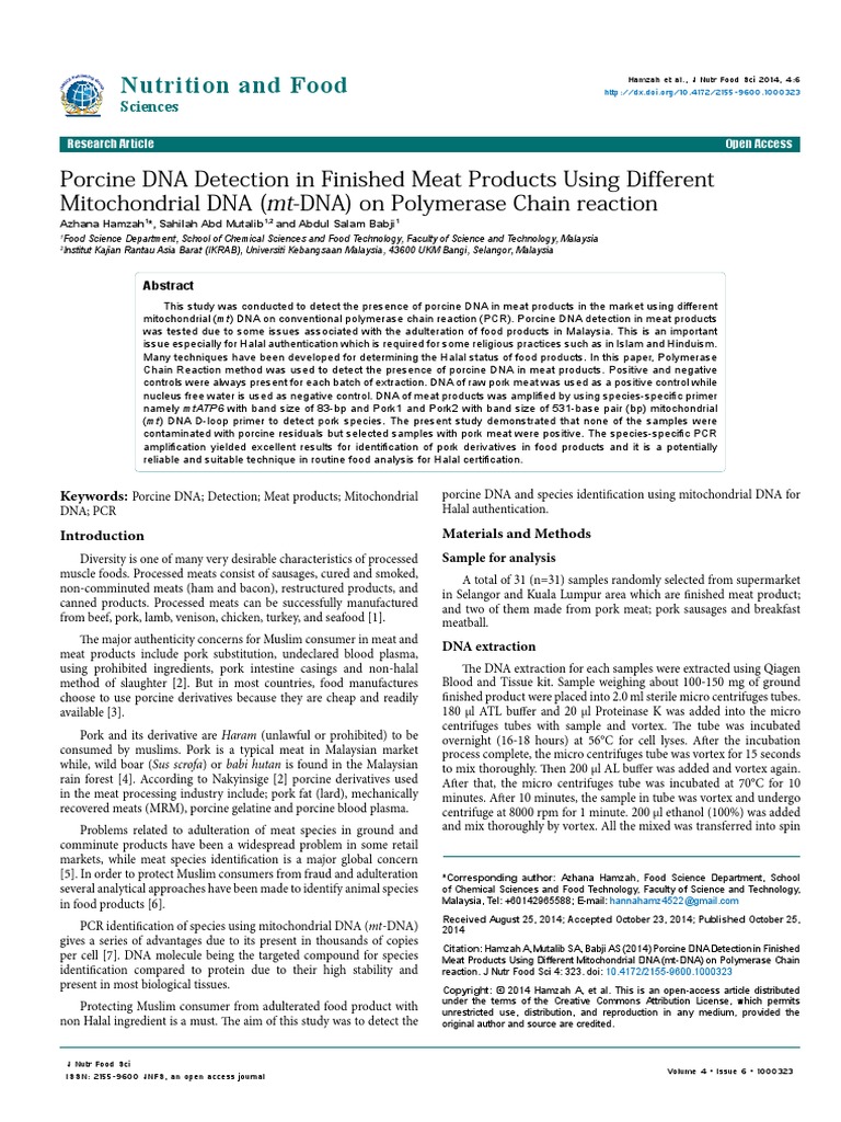 Porcine Dna Detection in Finished Meat Products Using Different ...