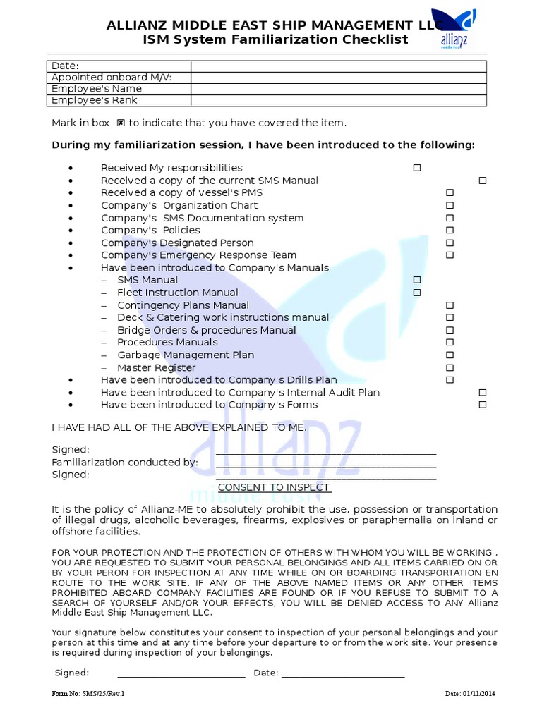 25 ISM System Familiarization Checklist | PDF