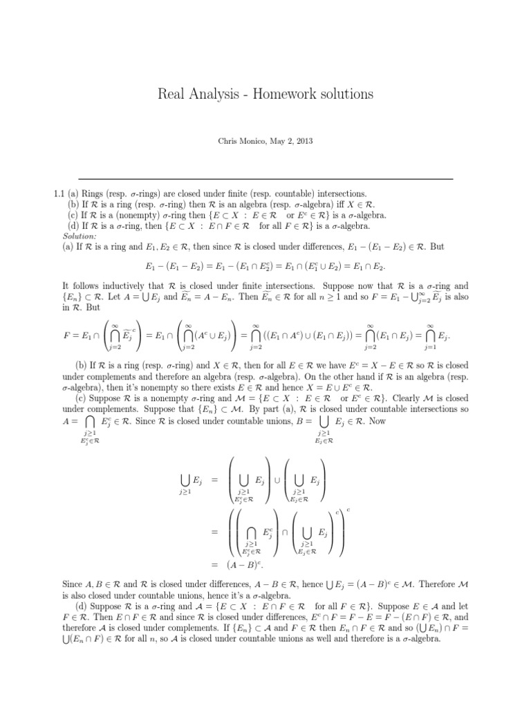 Real Analysis - Homework Solutions: Chris Monico, May 2, 2013 | PDF | Measure (Mathematics ...