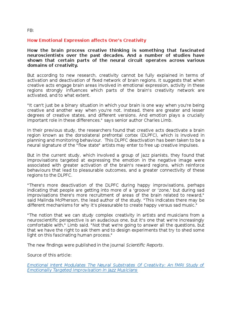 Emotional Expression Affects The Brain | PDF | Dorsolateral Prefrontal Cortex | Creativity