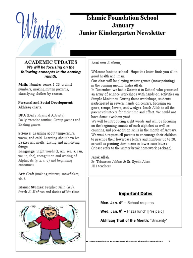January Junior Kindergarten Newsletter | PDF