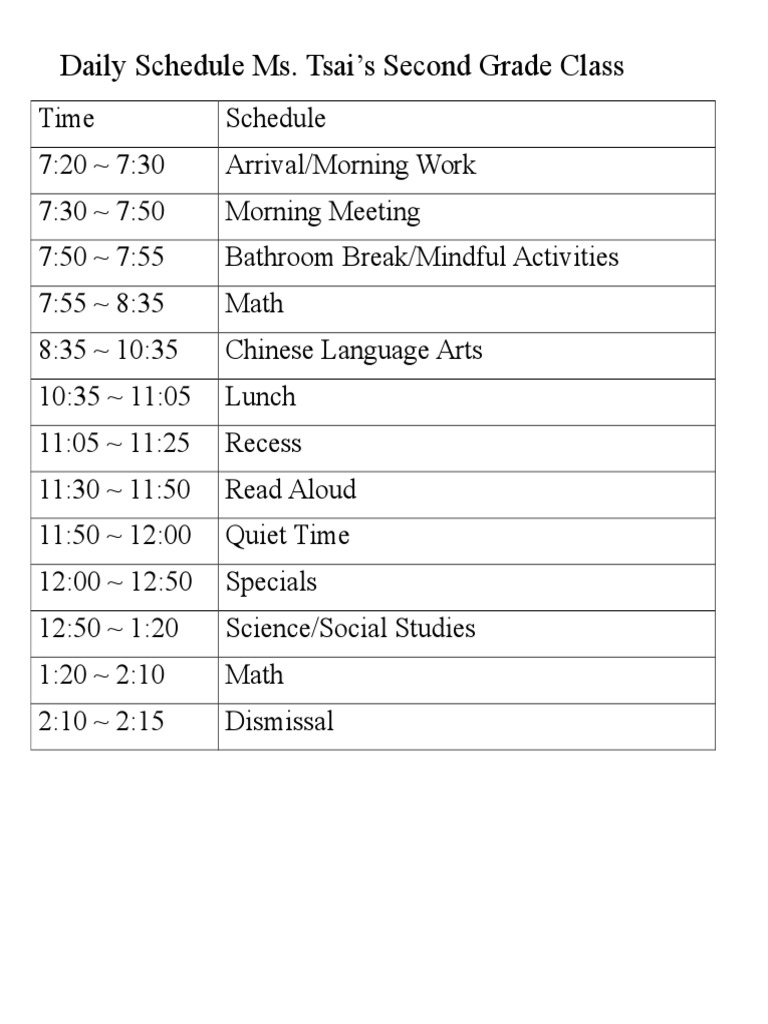 Ms. Tsai's 2nd Grade Schedule | PDF