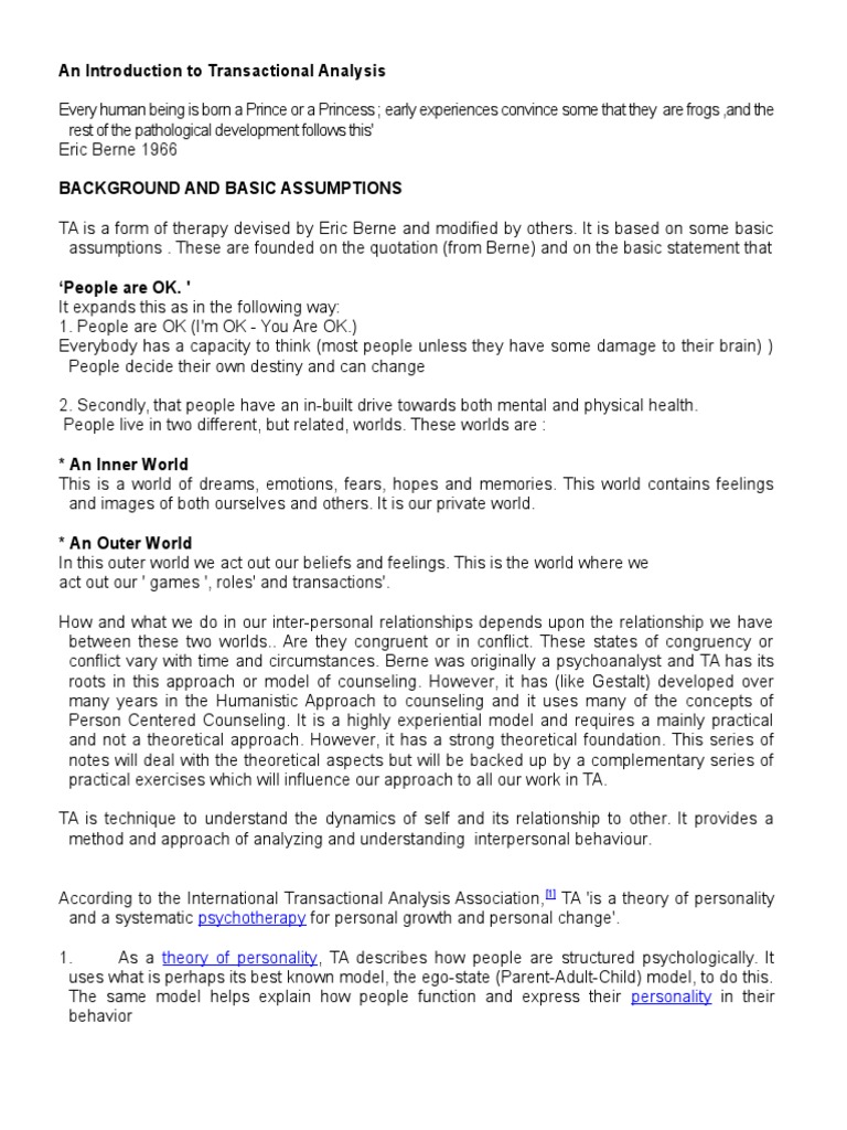 An Introduction To Transactional Analysis: Psychotherapy Theory of ...