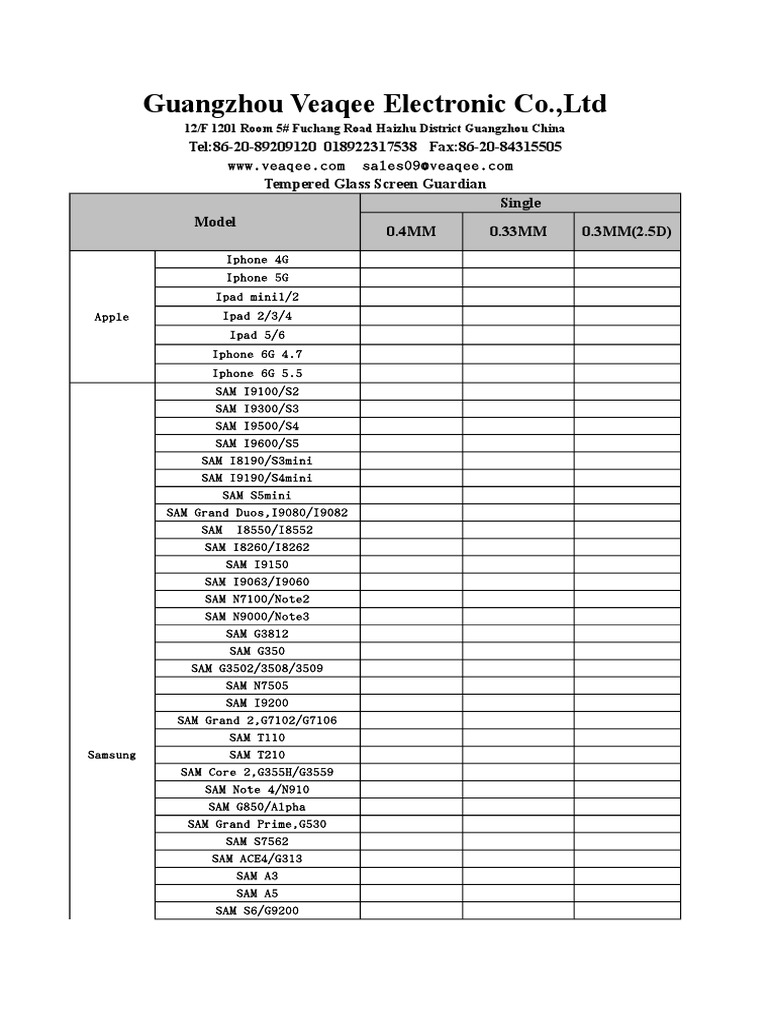 Tempered Glass Model Compatibility List | PDF