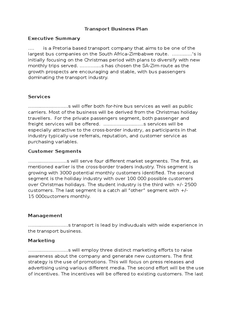 Transport Business Plan | Download Free PDF | Risk | Market Segmentation