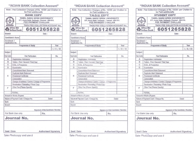Indian Bank Challan | Fee | Cash