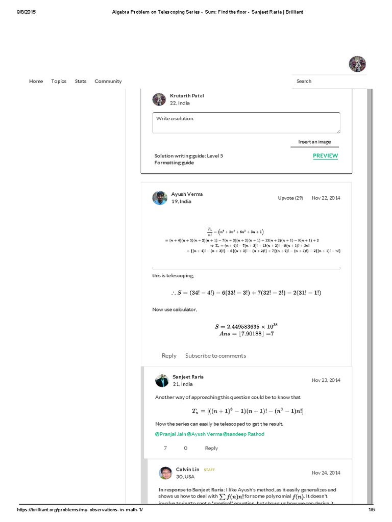 Algebra Problem On Telescoping Series - Sum - Find The Floor - Sanjeet Raria - Brilliant | PDF ...