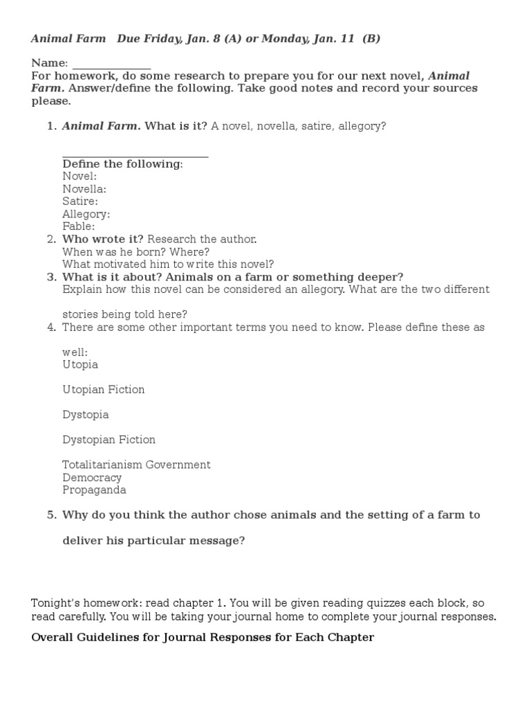 Animal Farm Homework Day 1 | PDF | Utopian And Dystopian Fiction | Dystopia